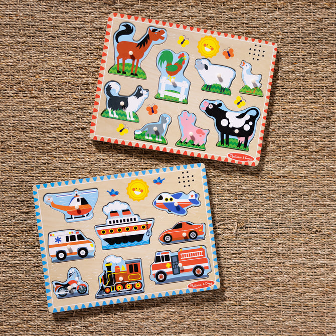 Wooden Sound Puzzle 2-Pack – Farm Animals, Vehicles| Melissa & Doug