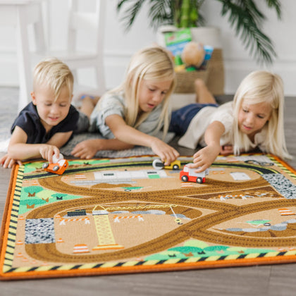 Round the Construction Zone Work Site Rug & Vehicle Set